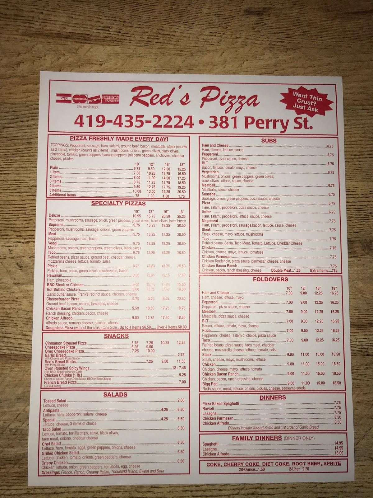 Menu at Red's Pizza pizzeria, Fostoria