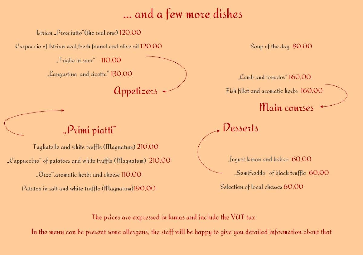 Menu at San Rocco restaurant, Brtonigla
