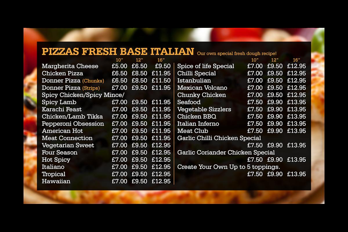 Menu at Spice of Life fast food, Stirling, 11 Bannockburn Rd