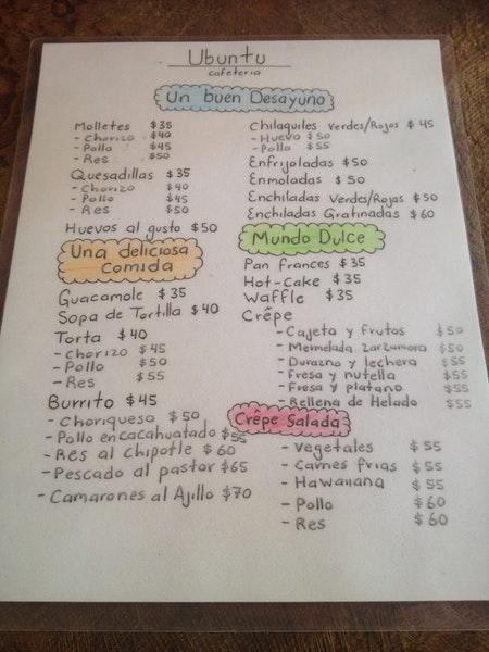 Menu at Ubúntu restaurant, Zihuatanejo