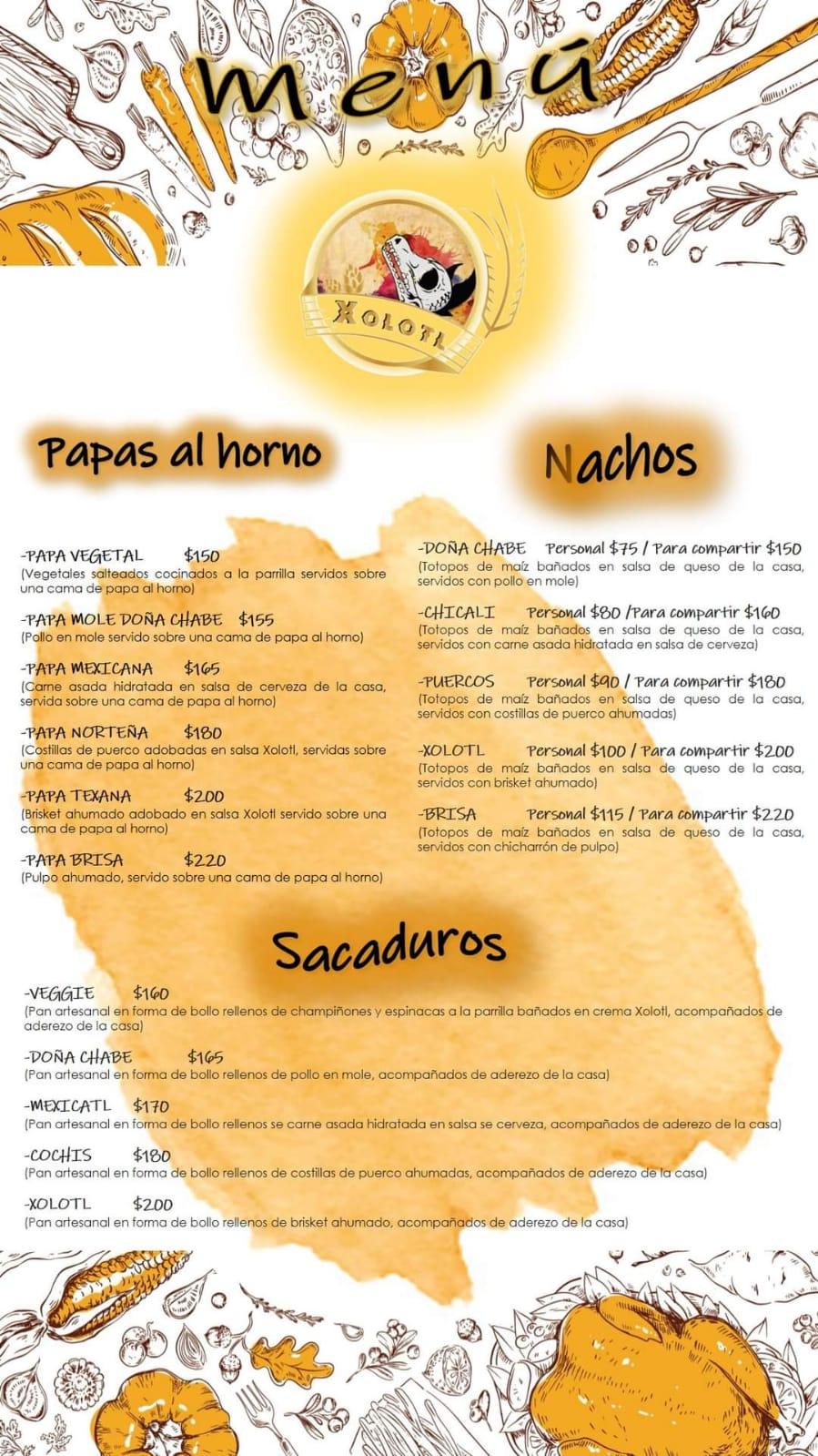 Menu at Xolotl Food service restaurant, Mexicali