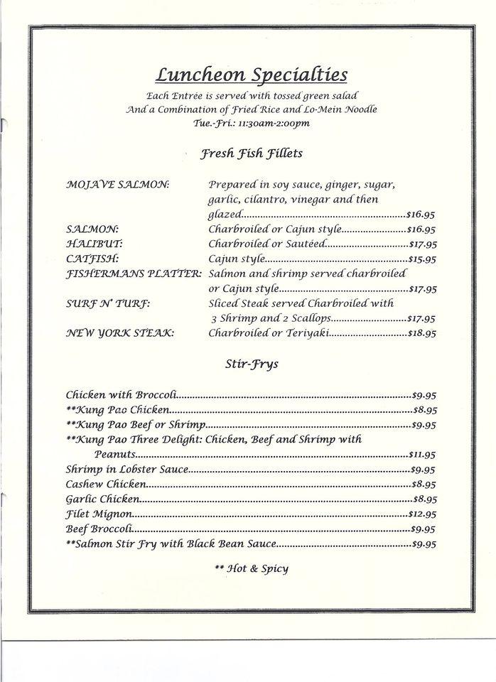 Menu at Chateau Chang steakhouse, Victorville