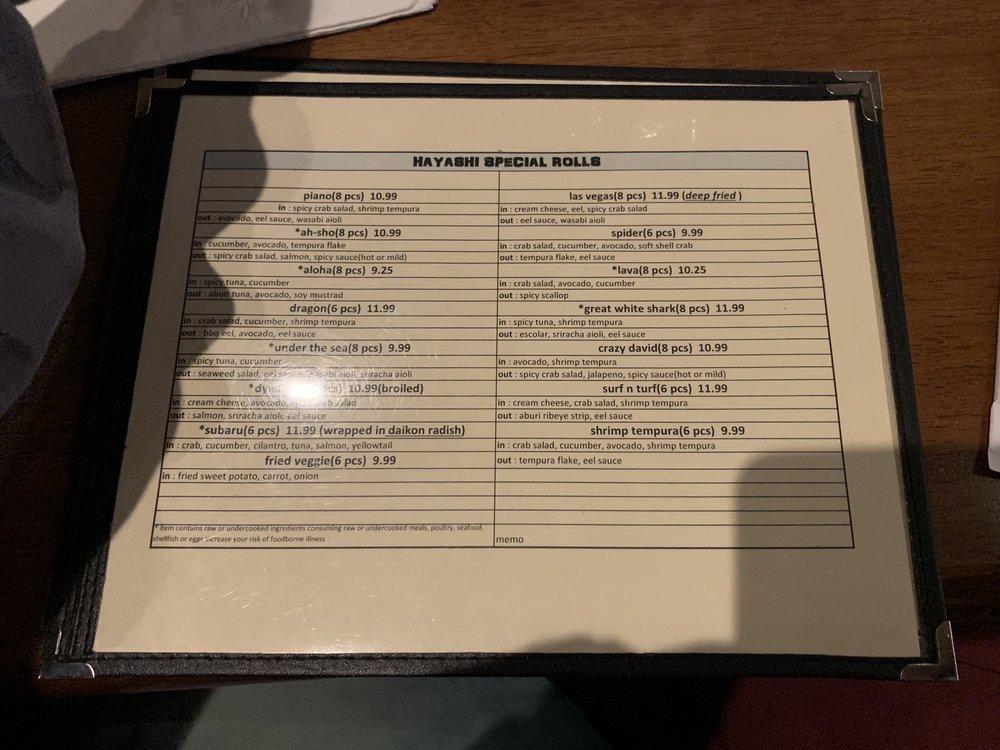 Menu at Hayashi Japanese Restaurant, Raleigh, Falls of Neuse Rd Suite 105
