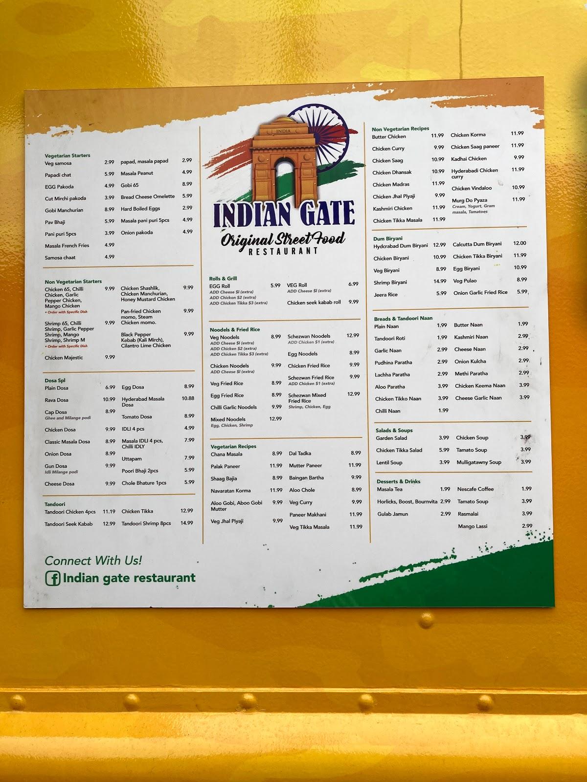 Menu at Indian Gate restaurant, Miami, NW 17th Ave