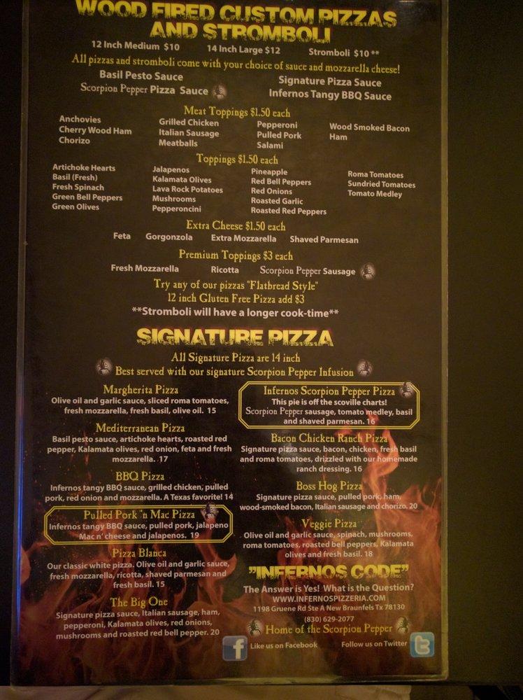 Menu at Inferno's Wood Fired Oven & Spirits pizzeria, New Braunfels
