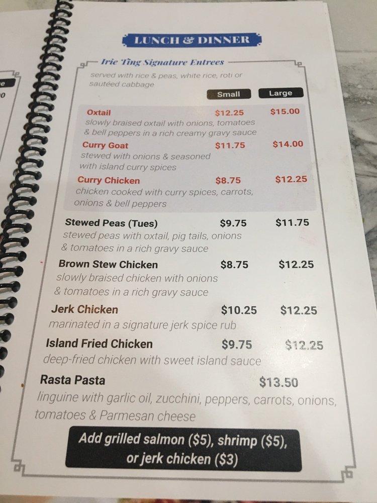 Menu at Irie Ting Jamaican Grill restaurant, Richmond