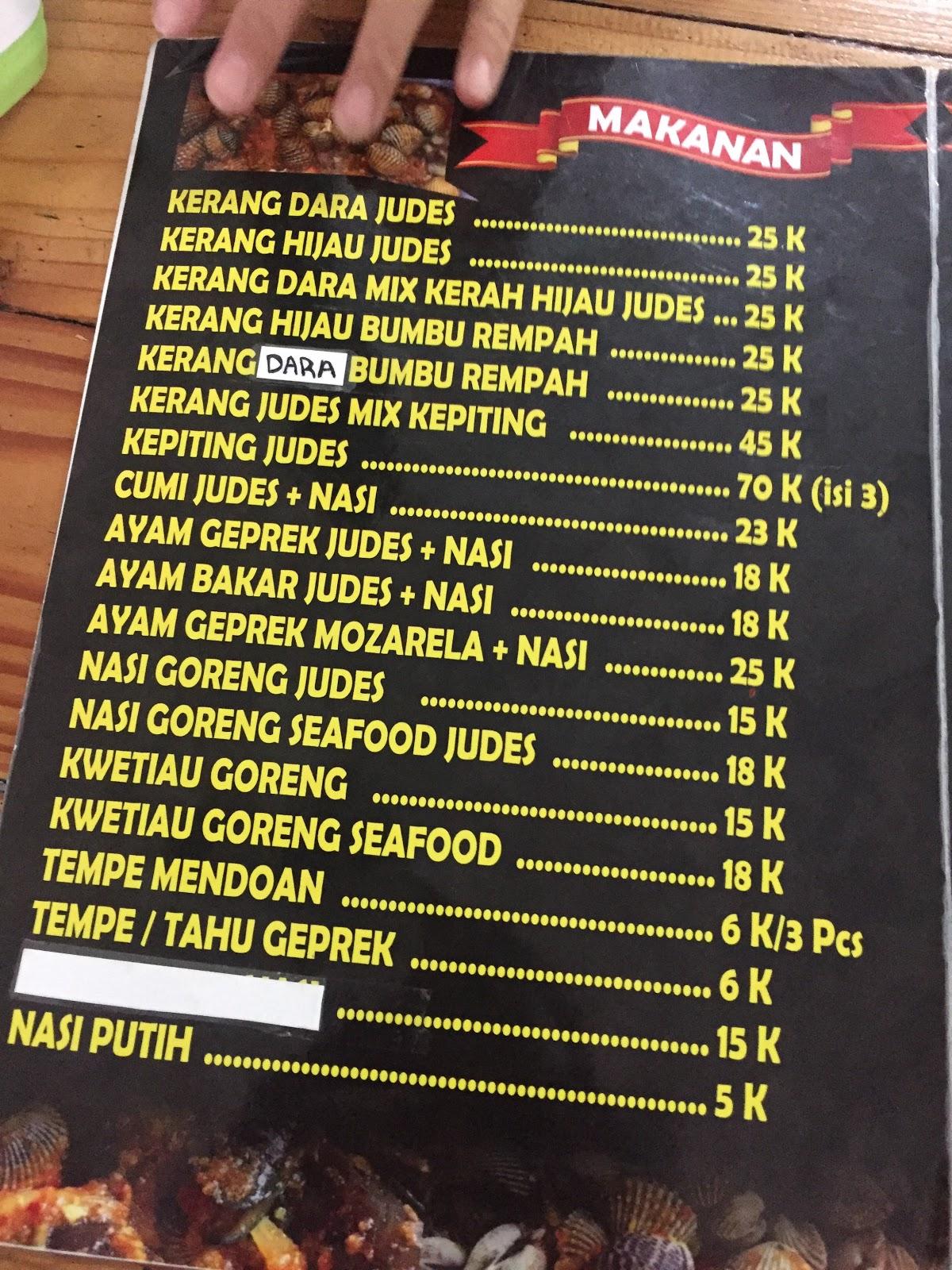 Menu at Kerang Judes cafe, Serang