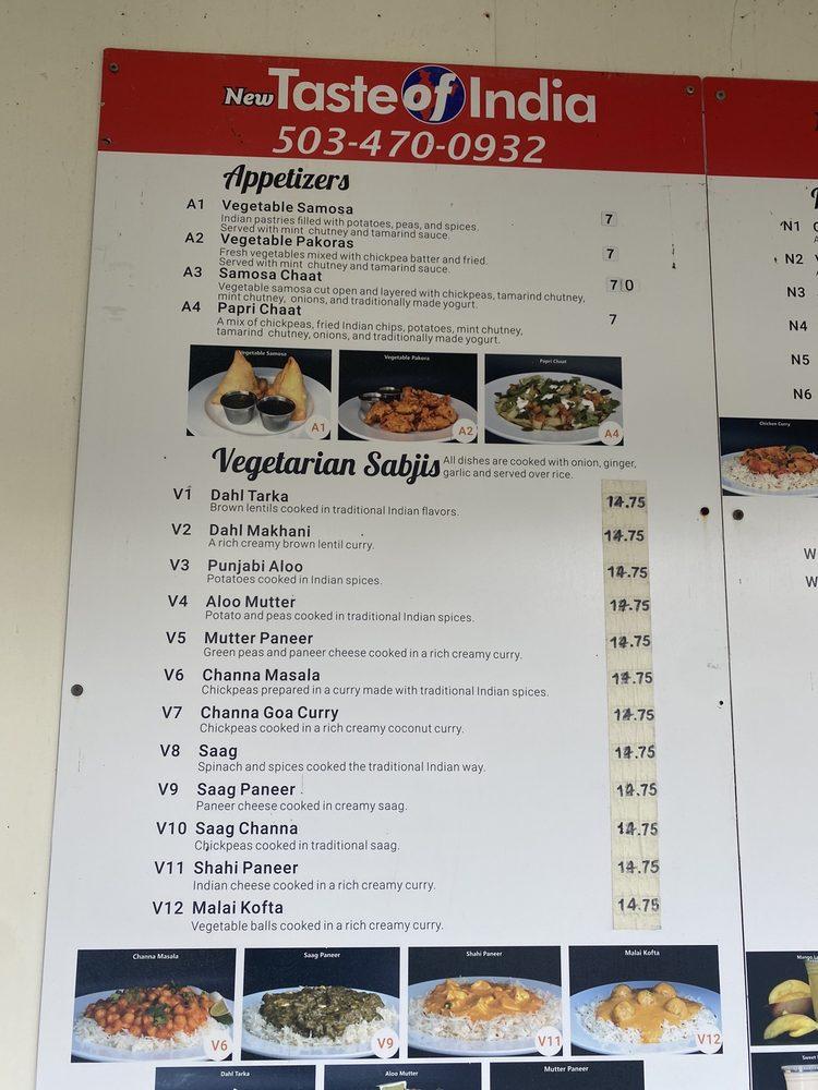 Menu at New Taste of India restaurant, Rockaway Beach