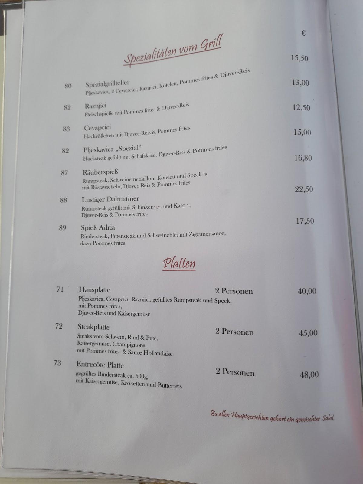 Menu at Restaurant Adria, Nörvenich