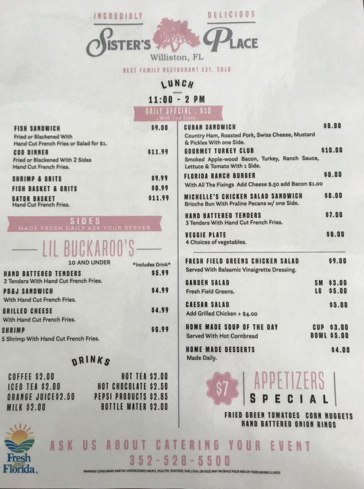 Menu at Sister's Place restaurant, Williston