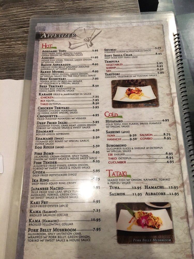 Menu at Sushi Jae restaurant, San Jose