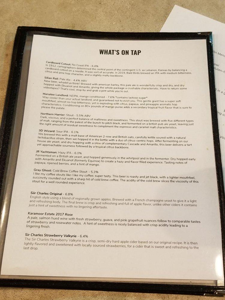 Menu at Bald Birds Brewing Co., Audubon
