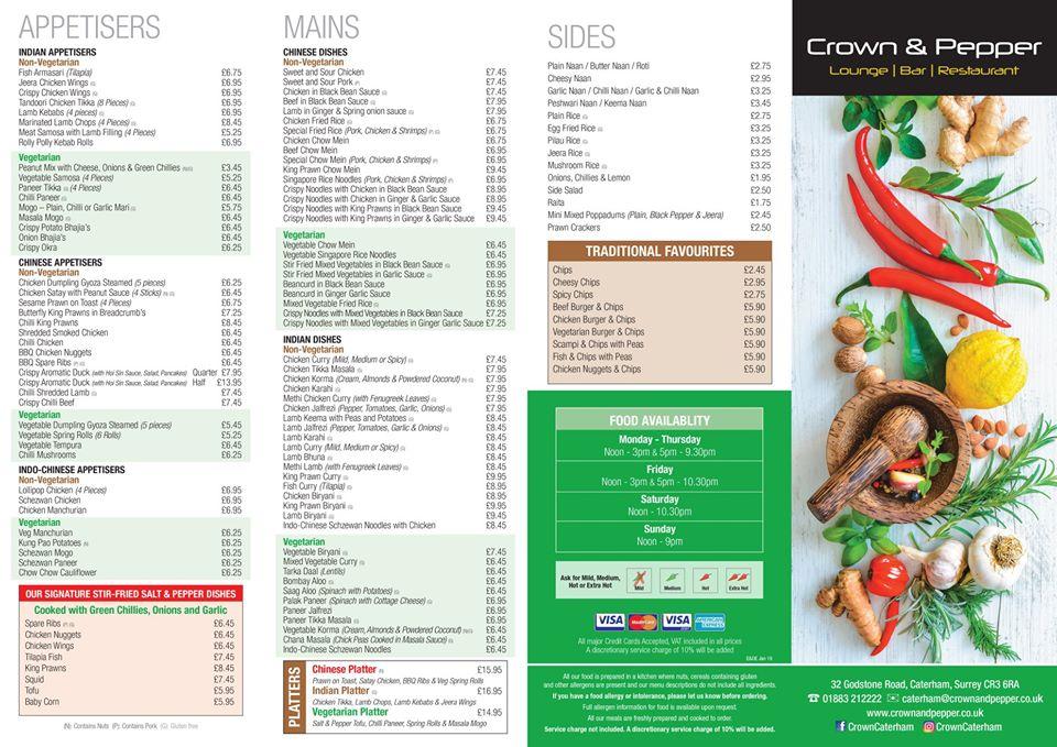 Menu at Crown & Pepper restaurant, Caterham