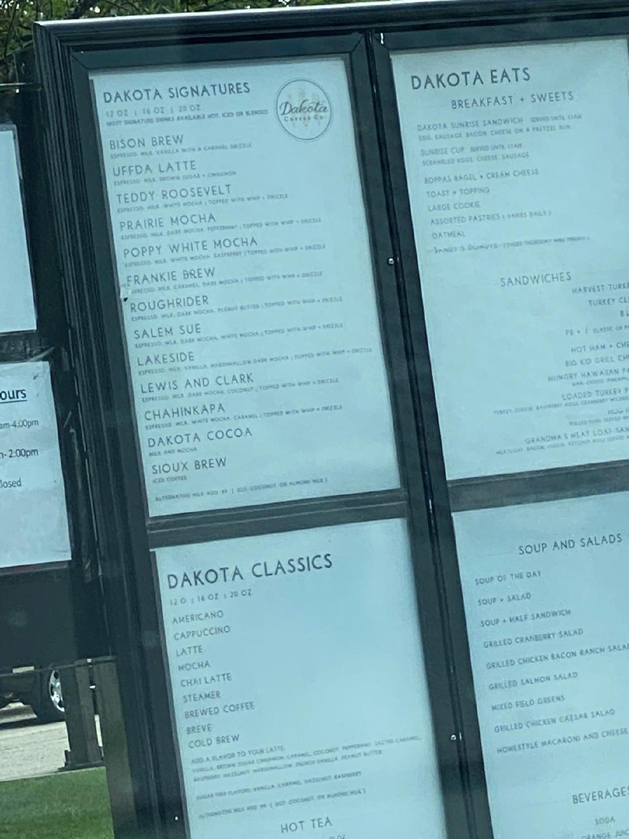 Carta del pub y bar Dakota Coffee Co, Wahpeton
