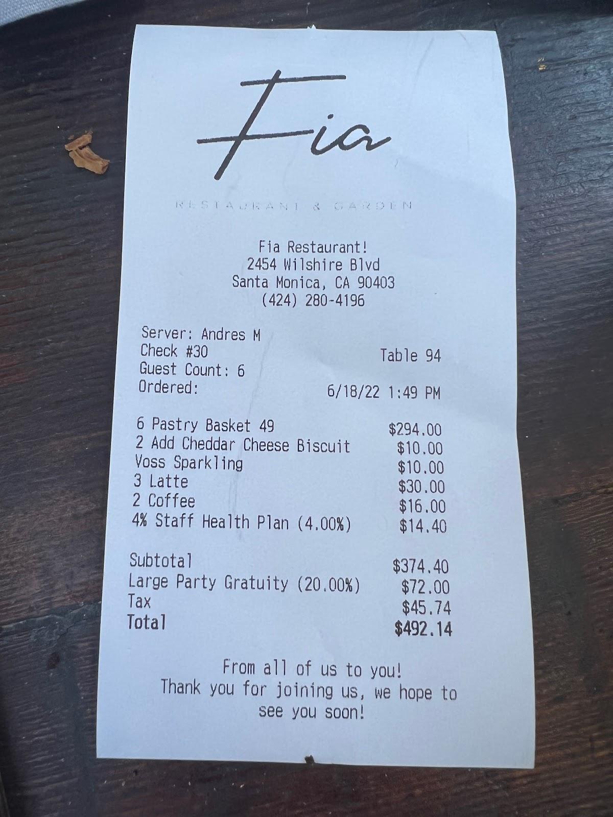 Menu at Fia Restaurant, Santa Monica