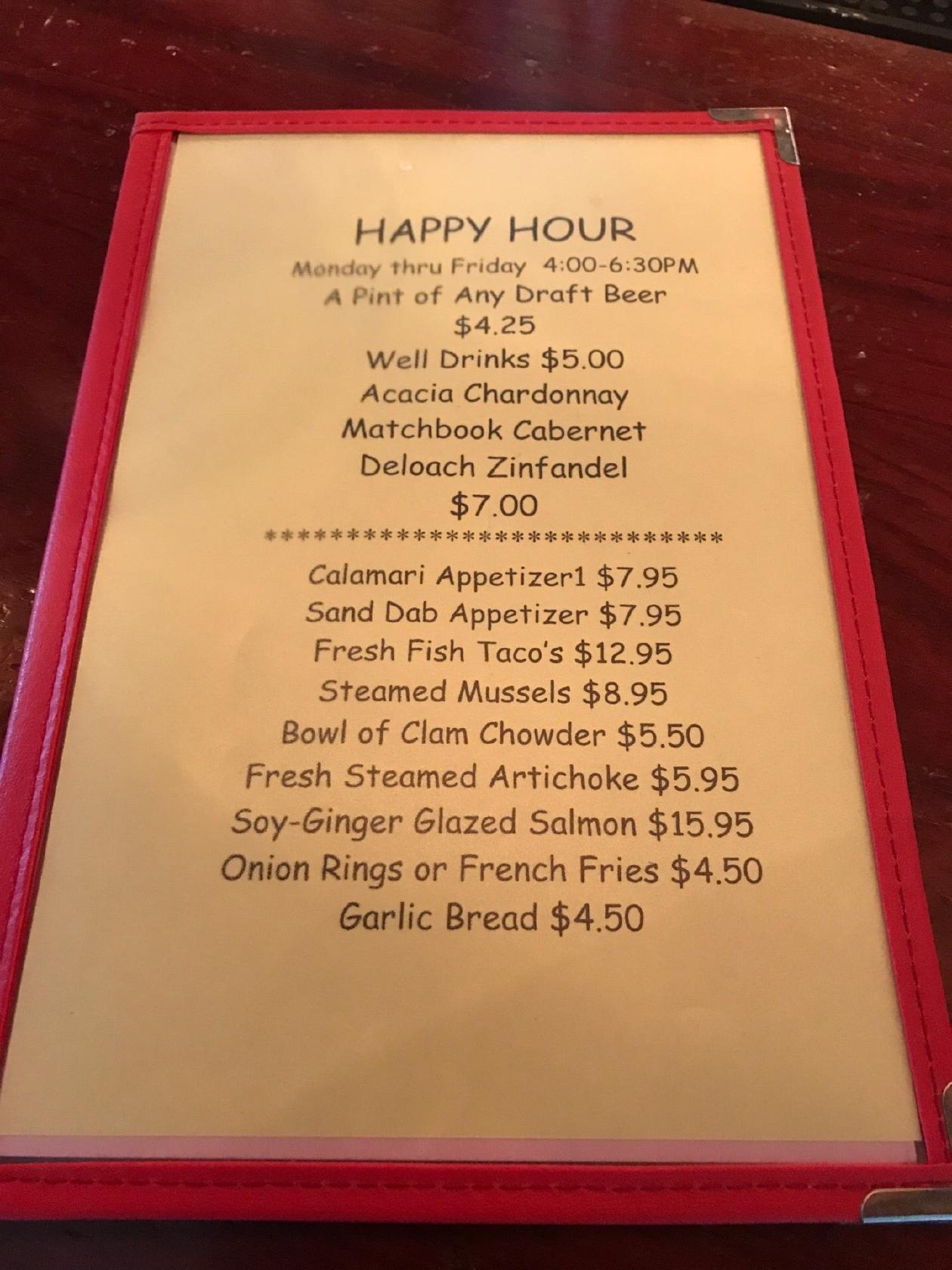 Menu at Sandbar & Grill, Monterey