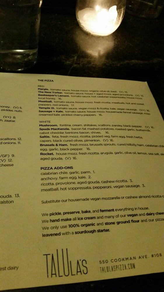 Menu at Talula's pub & bar, Asbury Park