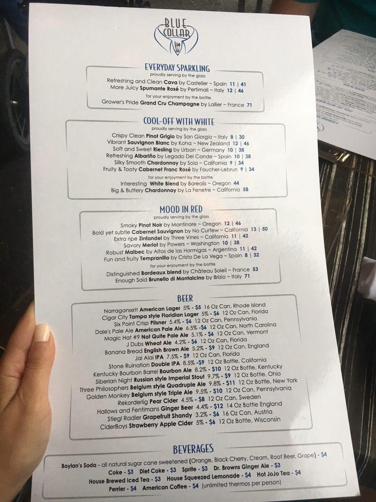 Menu at Blue Collar restaurant, Miami