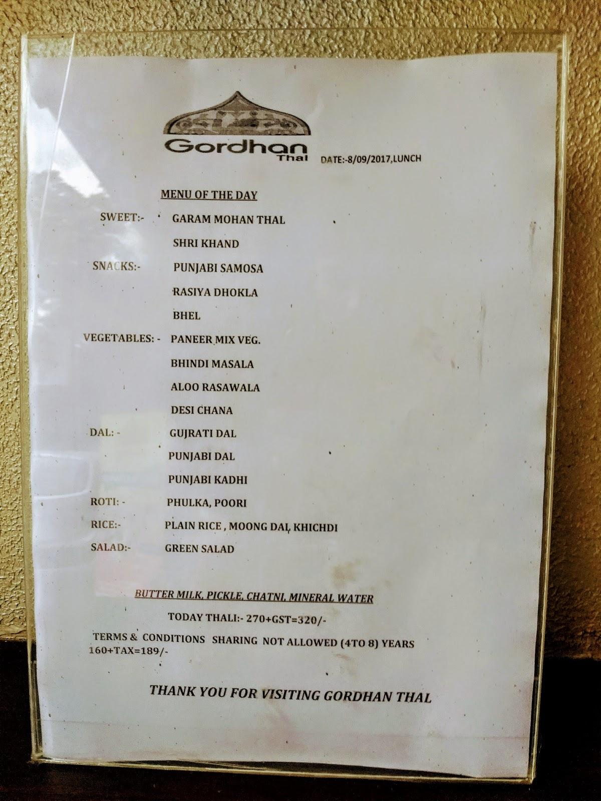 Menu at Gordhan Thal, Indore, Shop No. 2