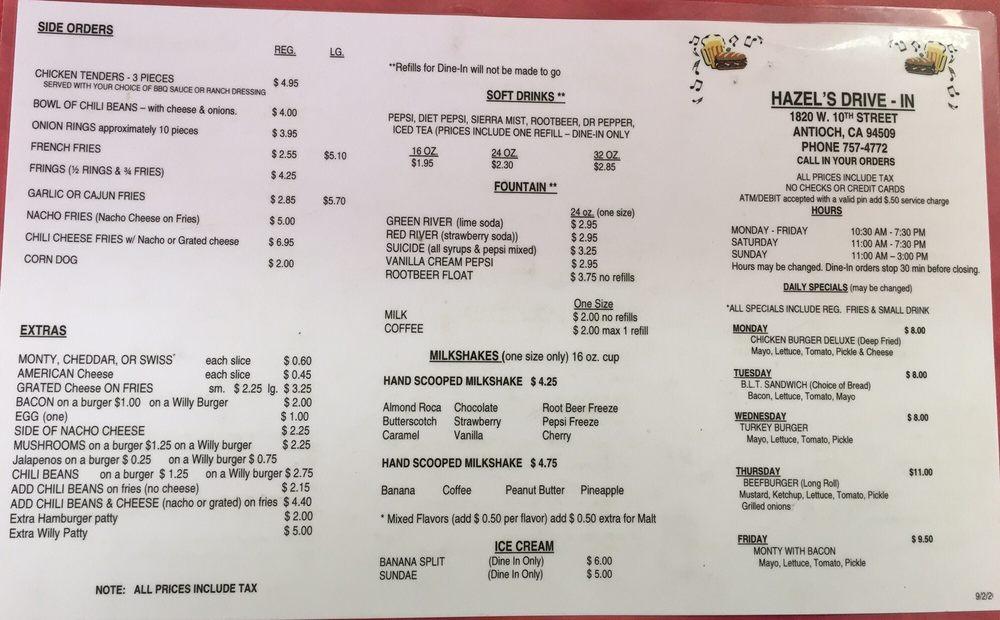 Menu at Hazel's Drive In restaurant, Antioch