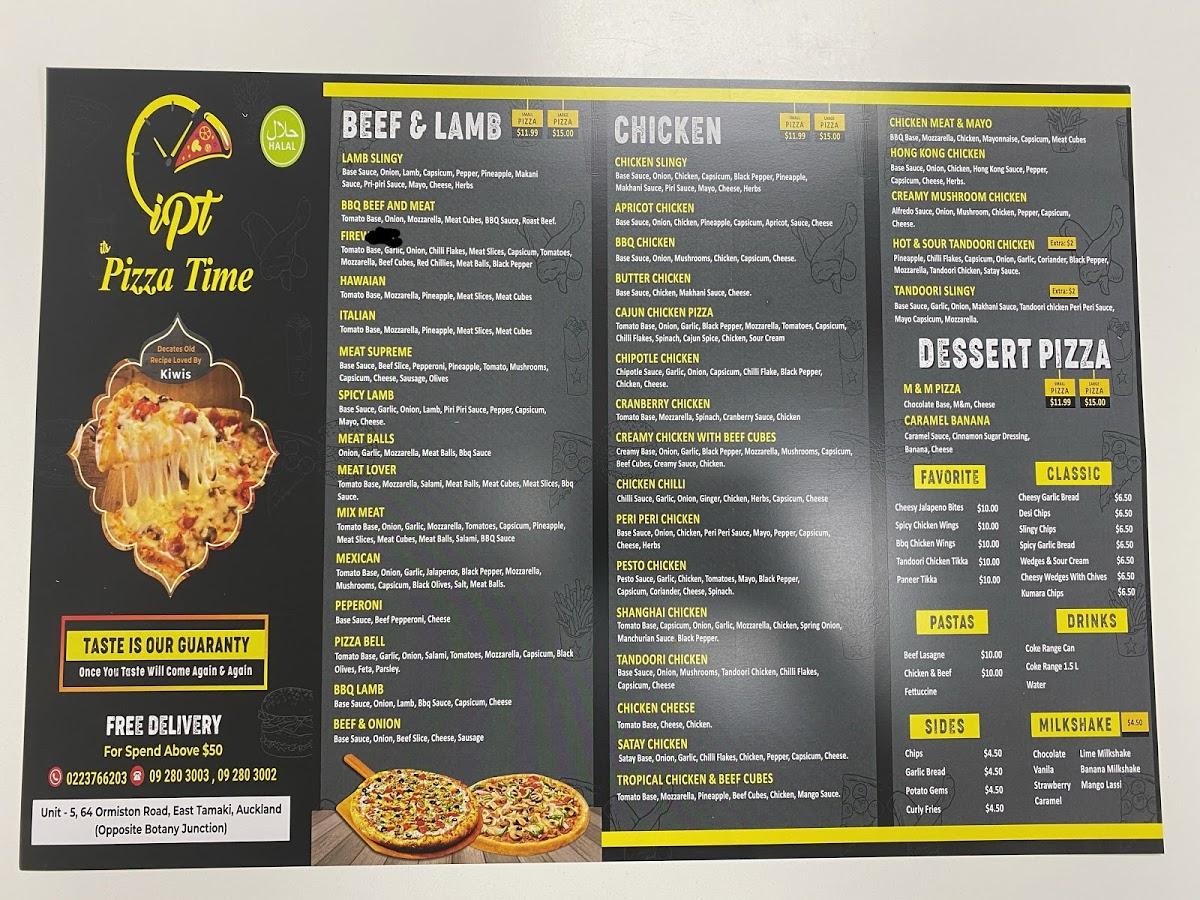 Menu at Its Pizza Time restaurant, Auckland