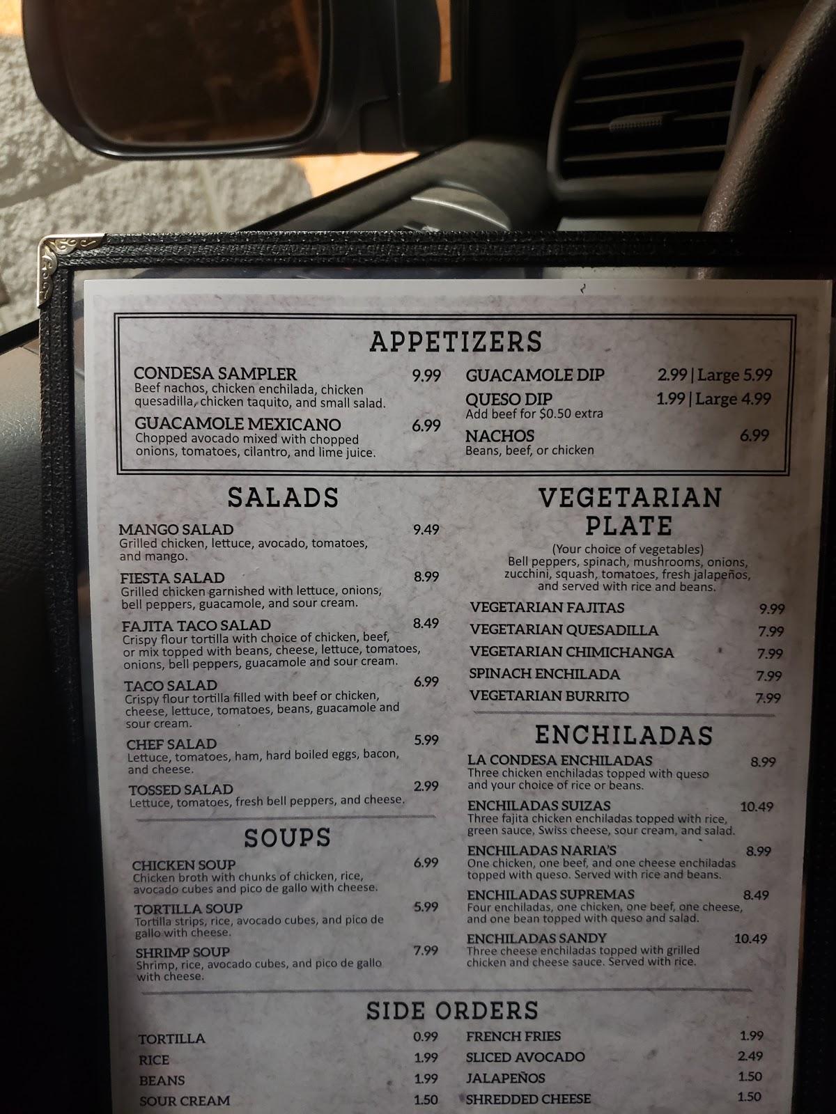 Menu at La Condesa restaurant, Wickes