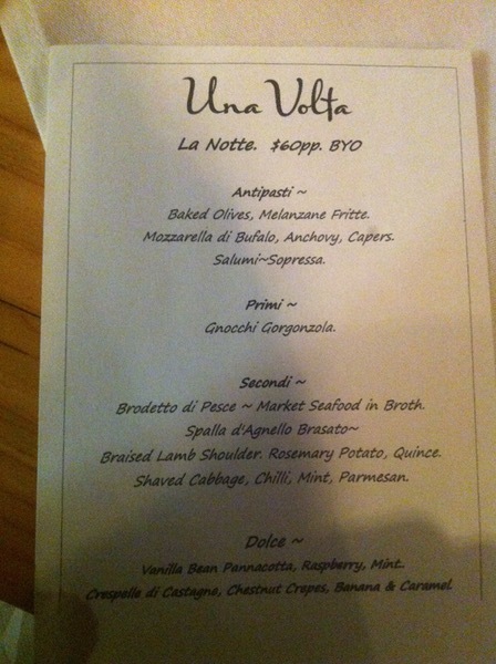 Menu at Una Volta restaurant, Newcastle