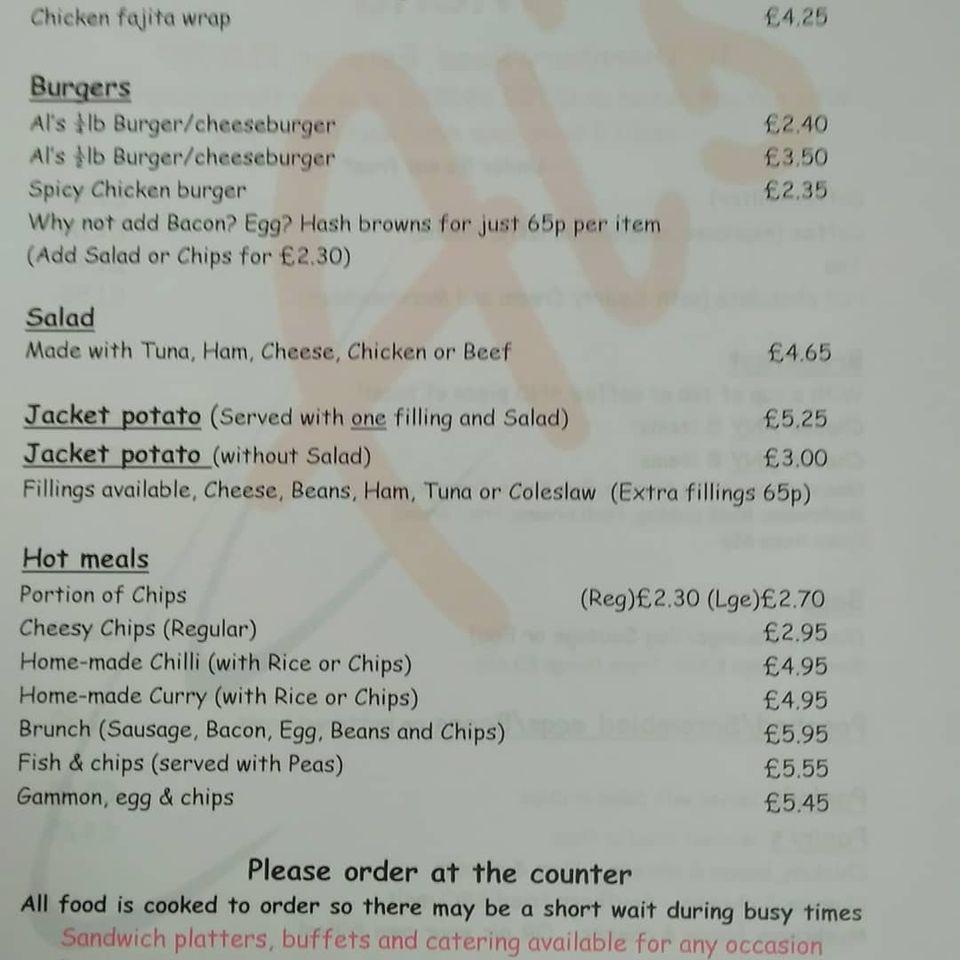 Menu at Al's Kitchen cafe, Plymouth
