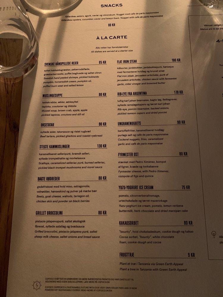 Menu at Cofoco restaurant, Copenhagen, Abel Cathrines Gade 7