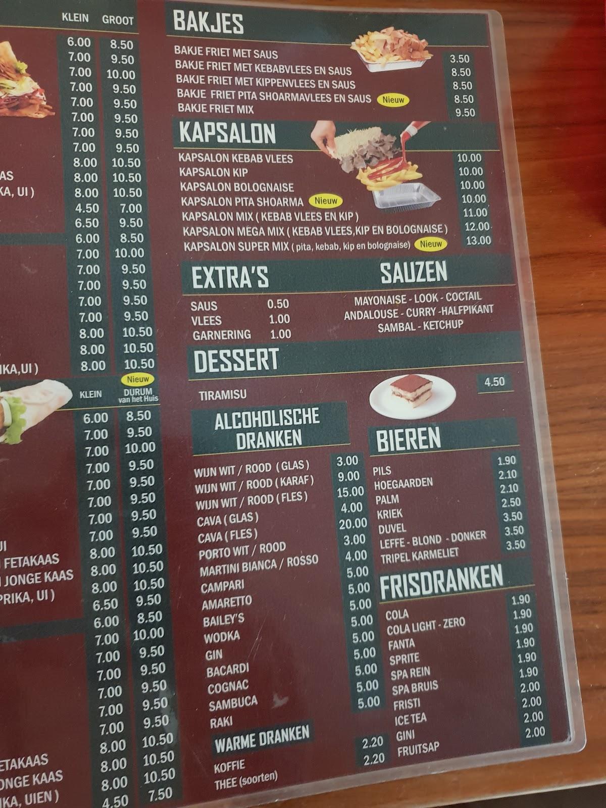 Menu at Euro Kebap Paleis, Geel