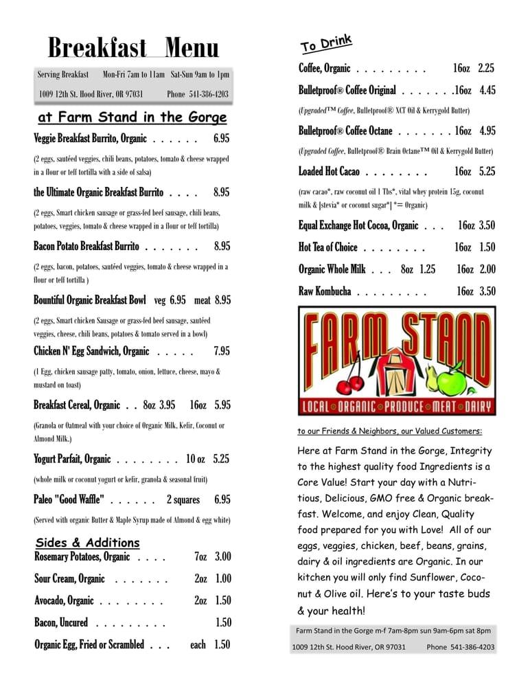 Menu at Farm Stand in the Gorge cafe, Hood River