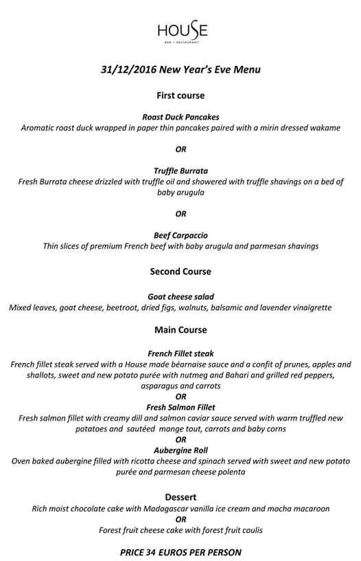 Menu au House Bar & Restaraunt, Limassol