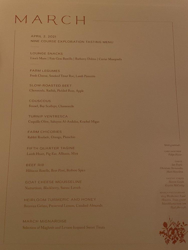 Menu at March restaurant, Houston