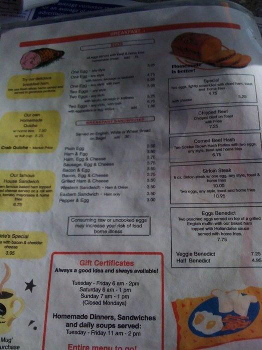 Menu at Martha's Diner restaurant, Ellsworth