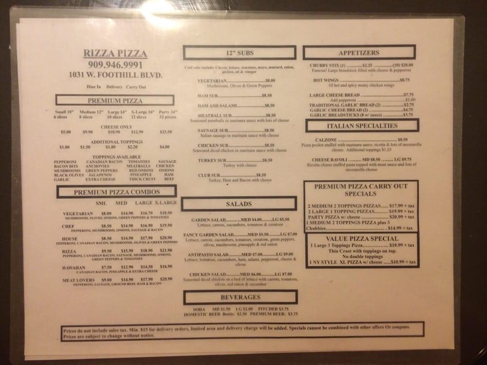 Menu at RIZZA PIZZA pizzeria, Upland