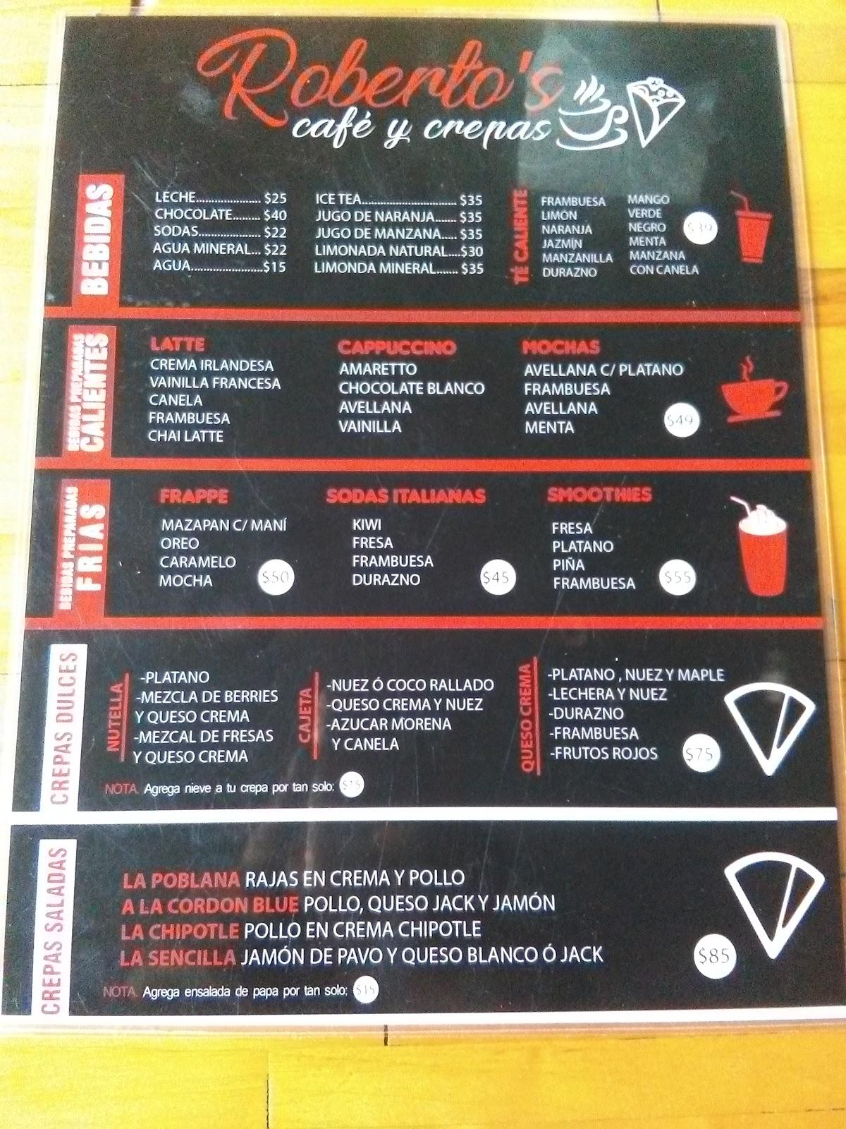 Menu at Roberto's Cafe y Crepas, Rosarito