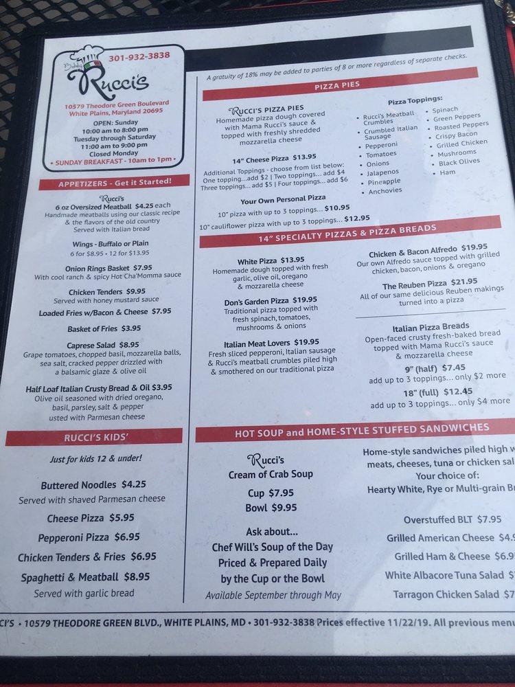 Menu at Rucci's Italian Kitchen & Grille restaurant, White Plains