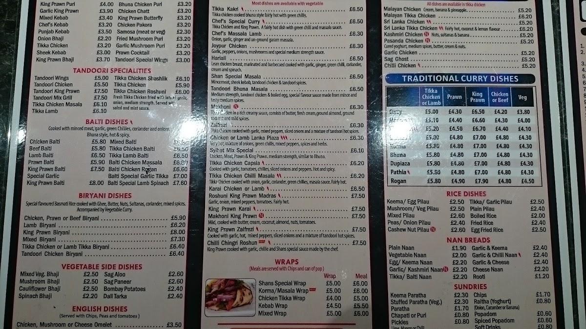 Menu at Shans Balti House fast food, Sunderland