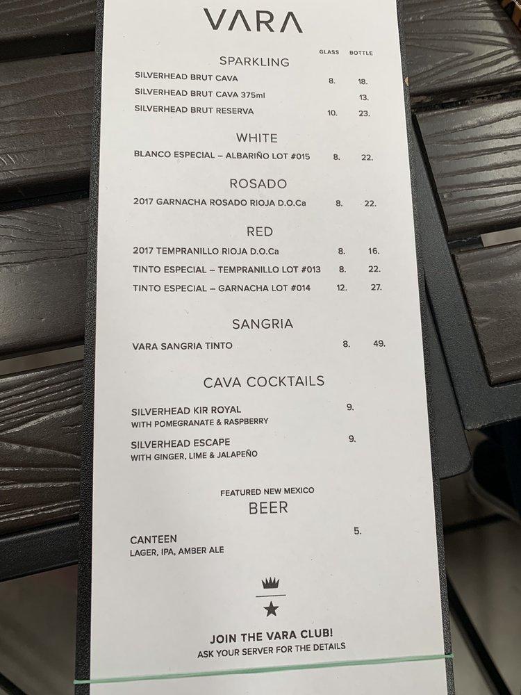 Menu at VARA Winery & Distillery restaurant, Albuquerque