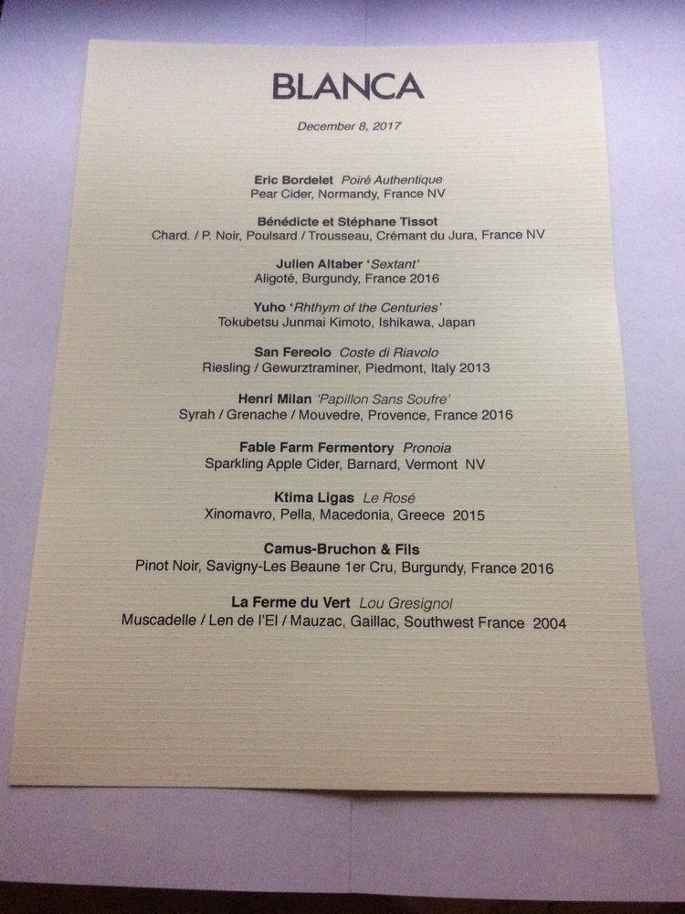 Menu at Blanca restaurant, New York City, 261 Moore St