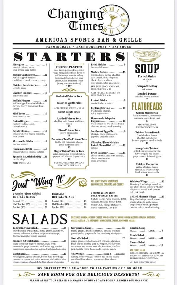 Carta de Changing Times American Sports Bar & Grille, Bay Shore