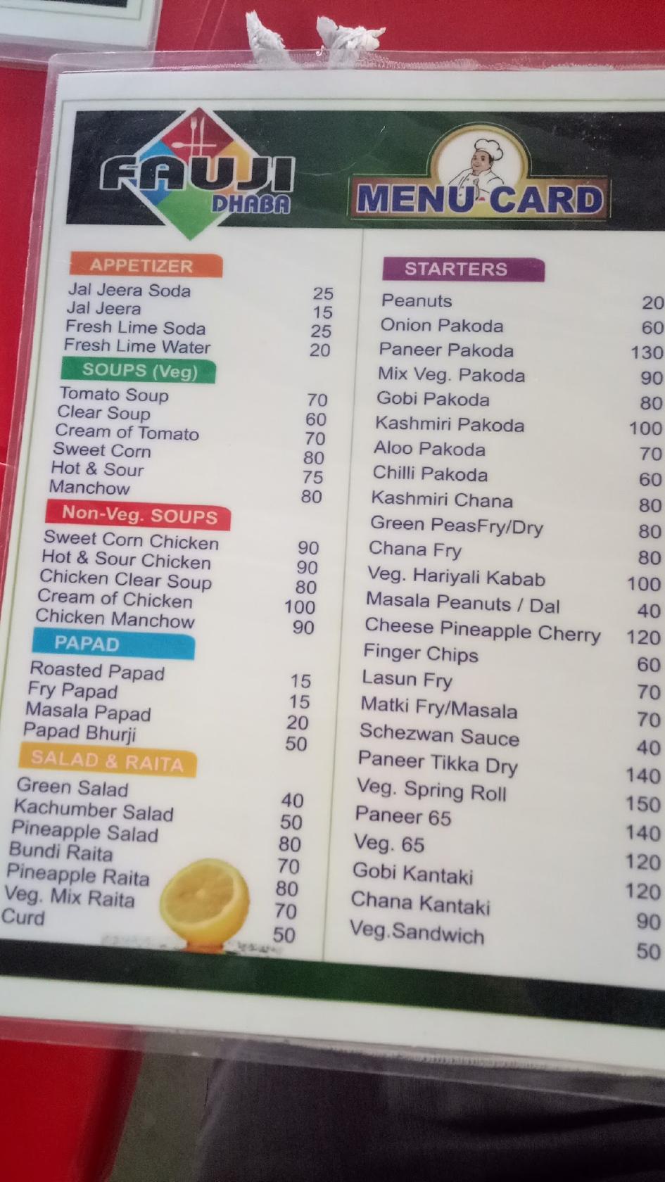 Menu at Fauji Dhaba, Aurangabad, National HIghway 211