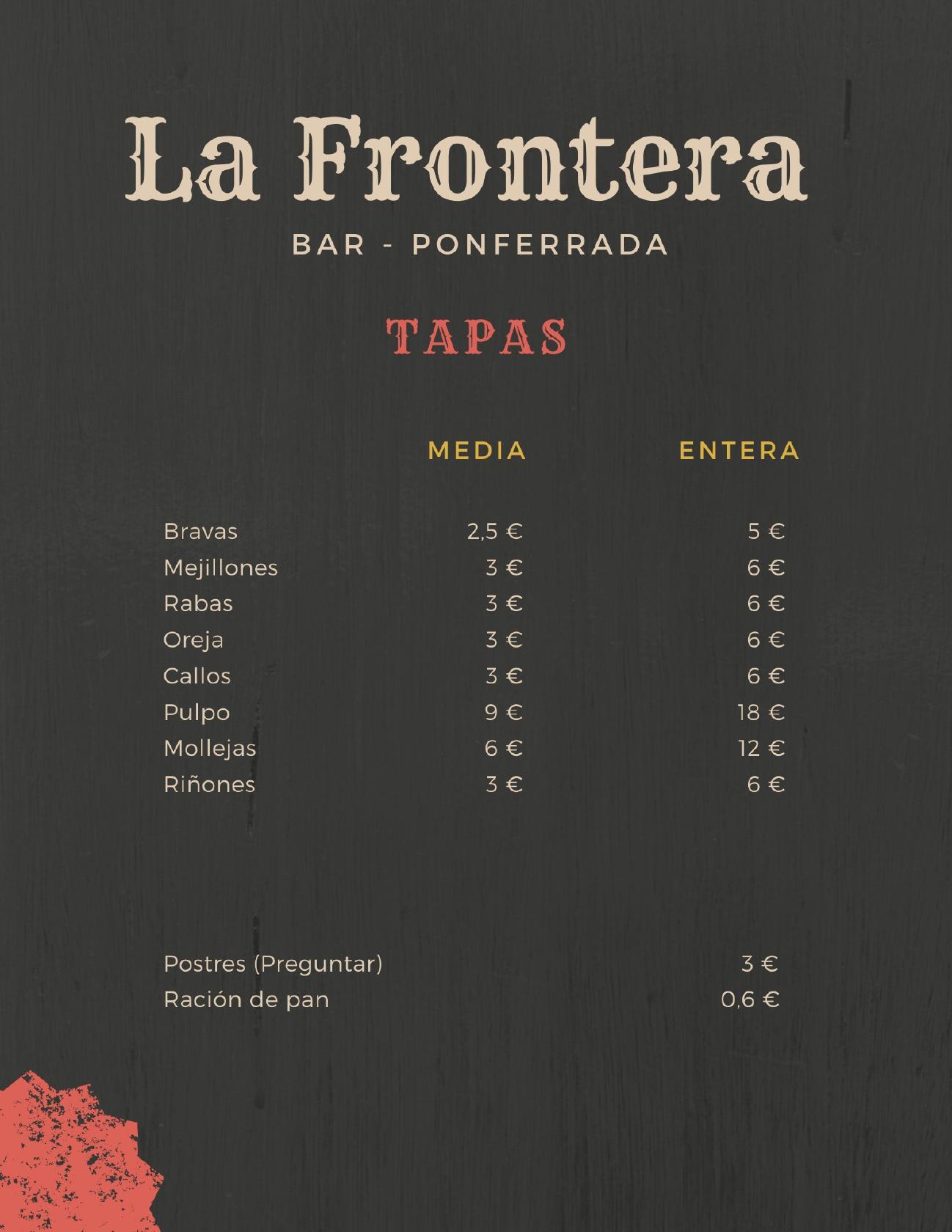 Menu at La Frontera pub & bar, Ponferrada