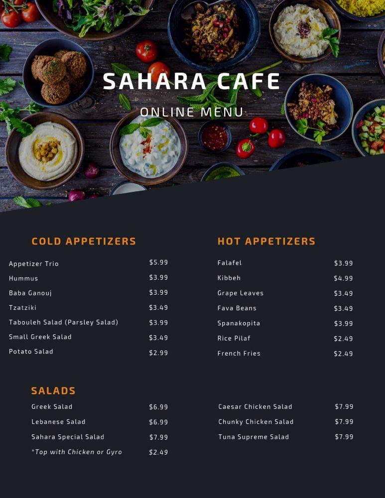 Menu at Sahara Cafe & Mediterranean Foods, Sarasota