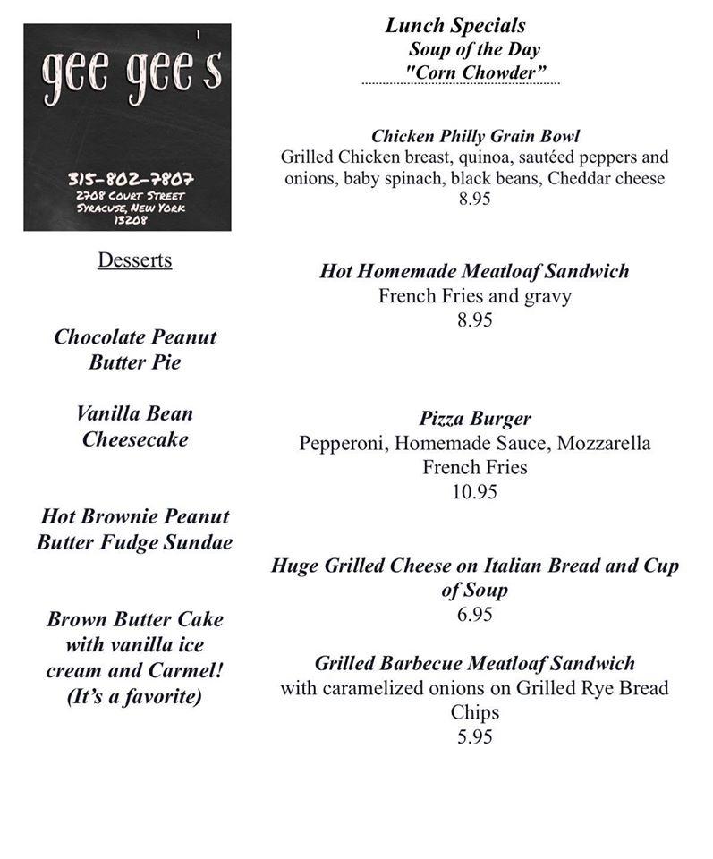 Menu at gee gee's steakhouse, Syracuse, Court St