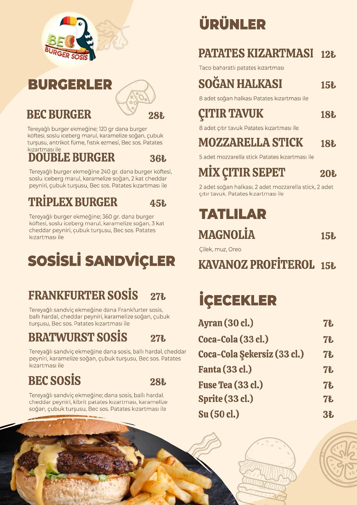 Menu at Bec Burger Vadişehir, Eskişehir