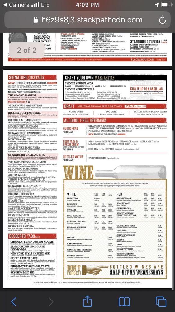 Menu at Black Angus Steakhouse, Puyallup