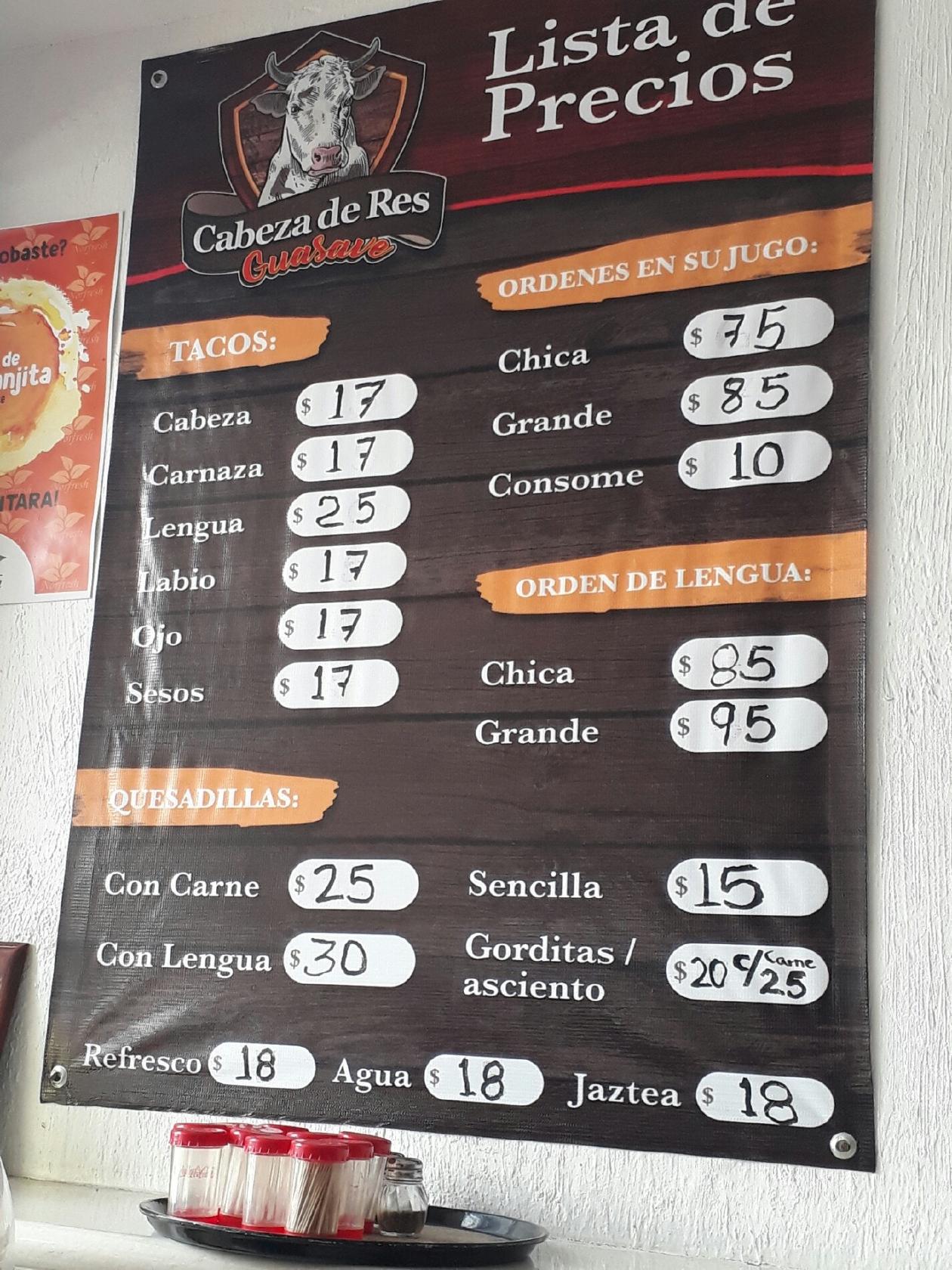 Carta del restaurante Cabeza del Res Estilo Guasave. Sucursal 2., Zapopan