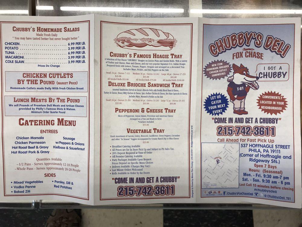 Menu at Chubby's Fox Chase Deli restaurant, Philadelphia