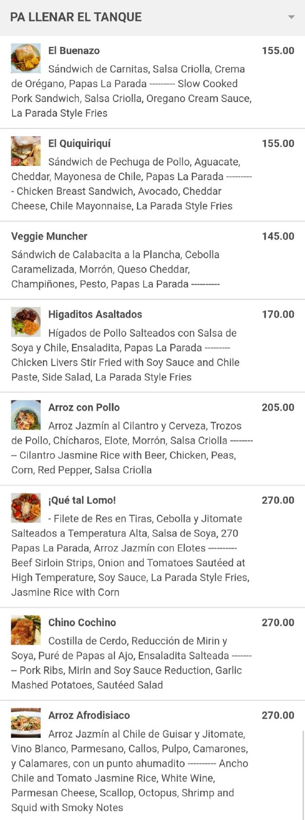 Carta del restaurante La Parada, San Miguel del Allende